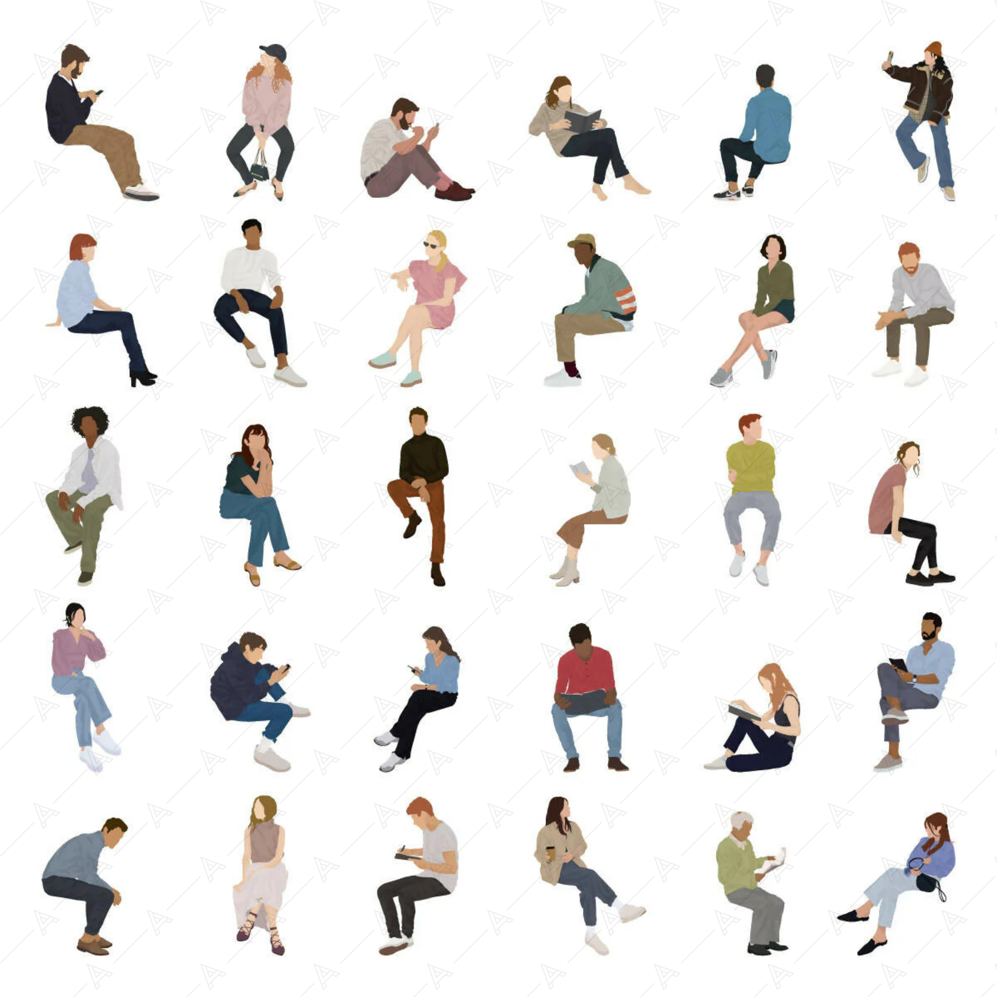 Flat Vector People Sitting (30 figures) – Learn Architecture Online