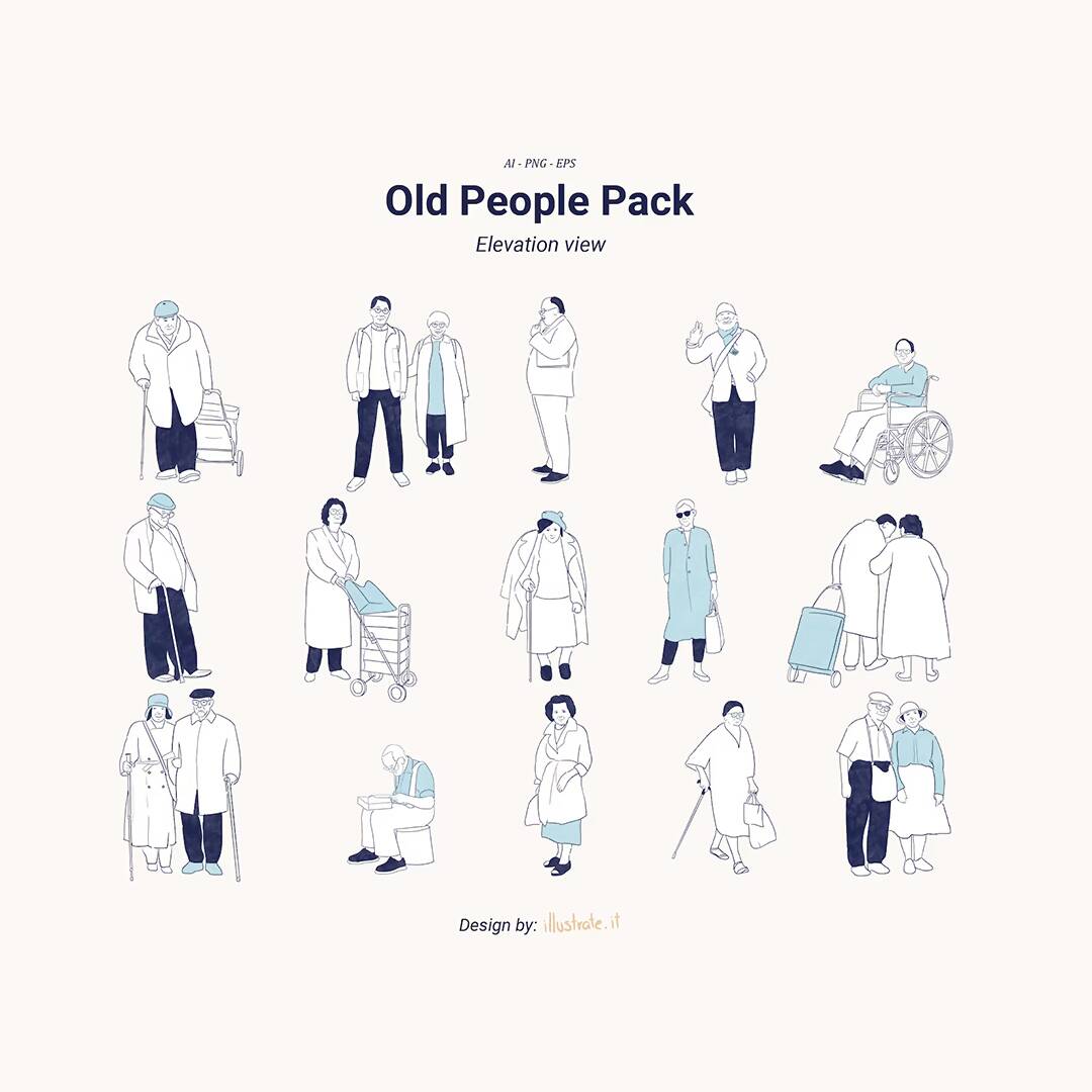 15 Set Flat Vector People - Old People Set Illustration Pack | Learn Architecture Online