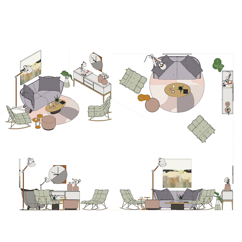 Axonometric Top Front and Side View Living Room Furniture Cutout Pack ...