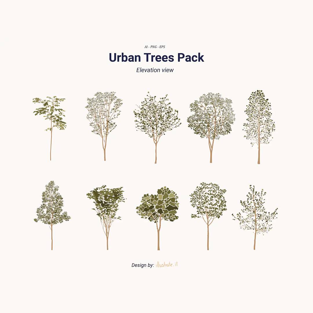 Flat Vector Urban Trees Pack | Learn Architecture Online